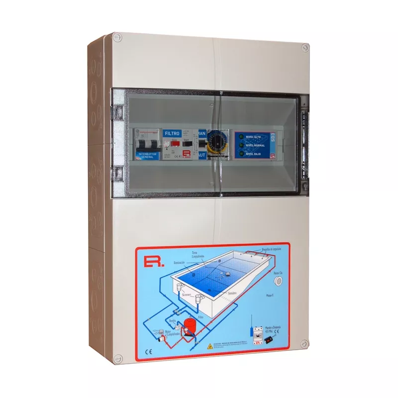 Overflowing level swimming pool control cabinet